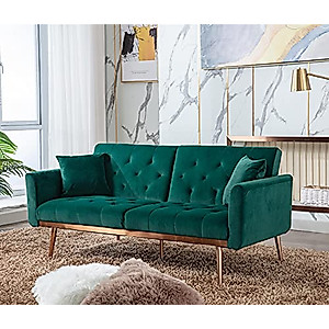 SLEERWAY Velvet Futon Sofa Bed with 5 Golden Metal Legs, Sleeper Sofa Couch with Two Pillows, Convertible Loveseat for Living Room and Bedroom, Green