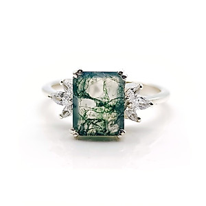 Moss Agate Engagement Ring For Women Emerald Cut Solid 14K Gold Ring-Cluster Ring-Moissanite Bridal Ring-Promise By FOREVER GEMS & JEWELS, Rose Gold,White,Green,Emerald,Silver