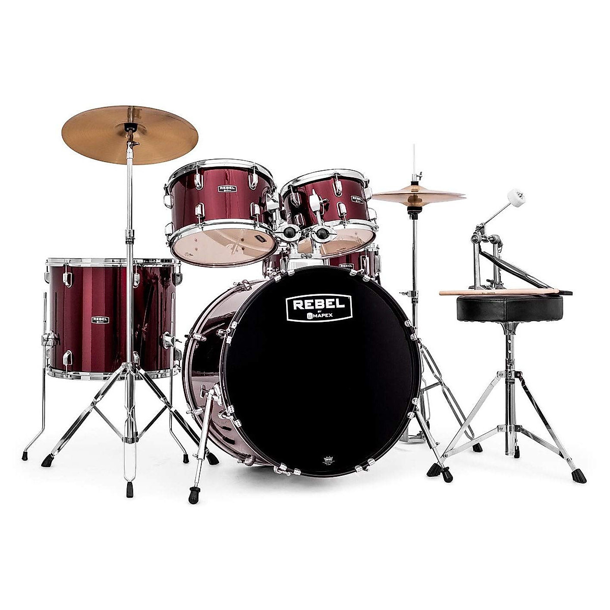 Mapex RB5294FTCDR Rebel 5-Piece Drum Set with Hardware, Cymbals and 22" Bass Drum - Dark Red