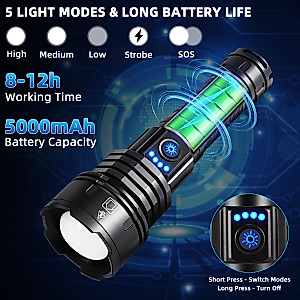 Flashlights High Lumens Rechargeable, 990000LM Super Bright Flashlight, Adjustable Tactical Flashlight, 5Mode Flash Light High Powered, Waterproof LED Flashlight for Camping, Hiking, Home, Emergencies