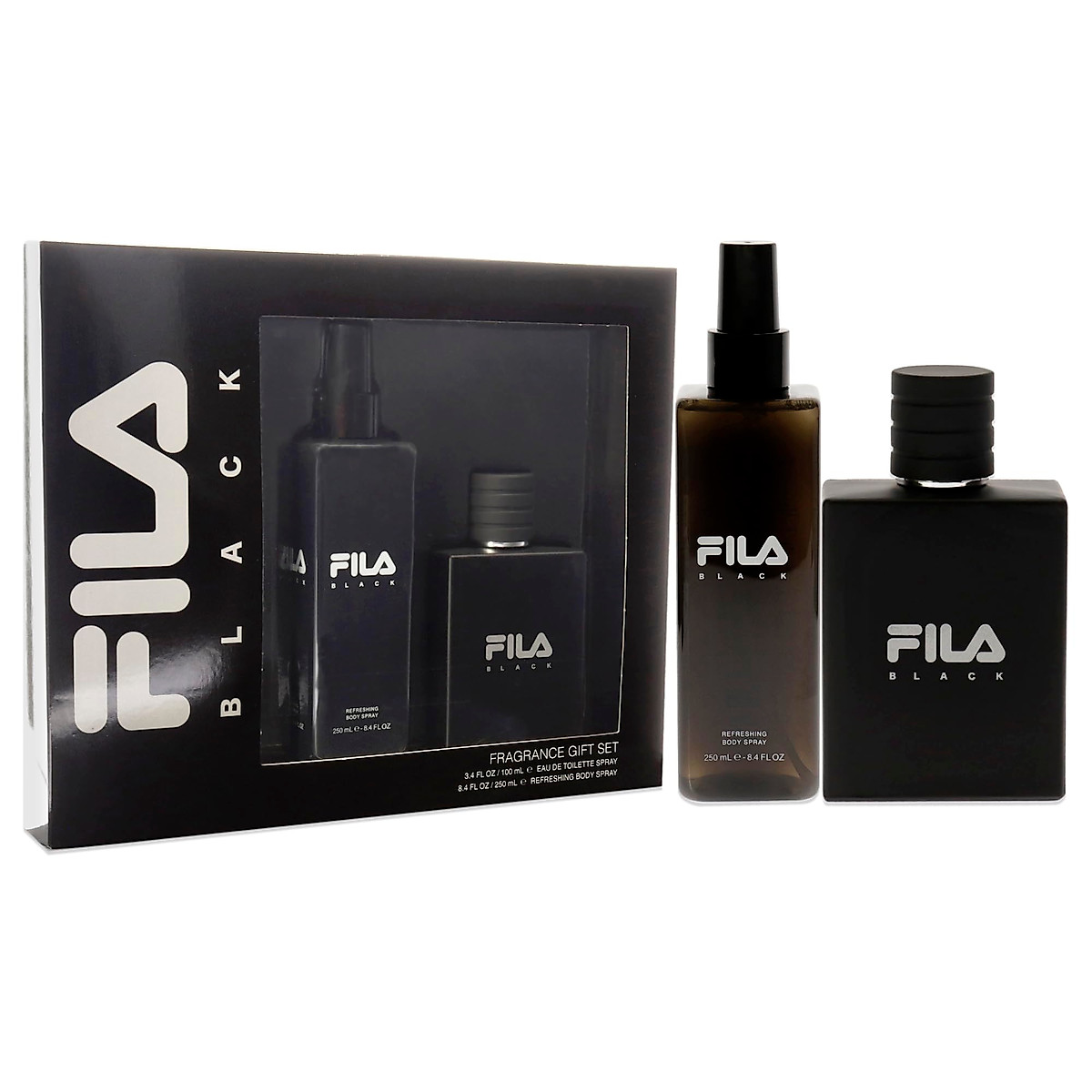 FILA Black - Invigorating and Spicy EDT Fragrance and Body Spray for Him - Extra Strength, Long Lasting Scent Payoff - Trendy, Rectangular, Streamlined, Portable Bottle Design - 2 pc Gift Set