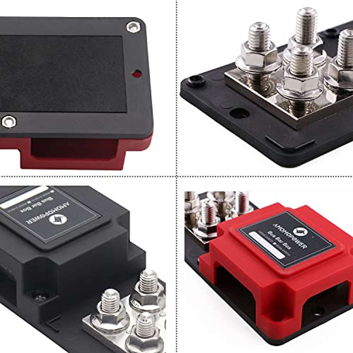 T Tocas Heavy Duty 400ABus Bar Power Distribution Block Ground Busbar Box 8XM10 (3/8") Terminal Studs Module Design 48V DC Black & Red Cover