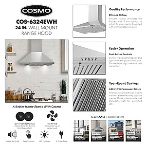 COSMO COS-6324EWH Wall Mount Range Hood, Chimney-Style Over Stove Vent, 3 Speed Fan, Permanent Filters, LED Lights in Stainless Steel (24 inch)