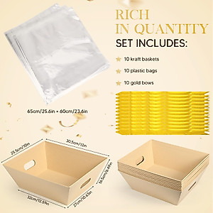 AFOROEOA 10PACK Baskets For Gifts Empty, 10x12”Thick Kraft Gift Basket with 10 Bows 10 Bags Empty Gift Baskets for Christmas, Valentine’s Day, Easter, Birthdays, Snacks, Farmers Market