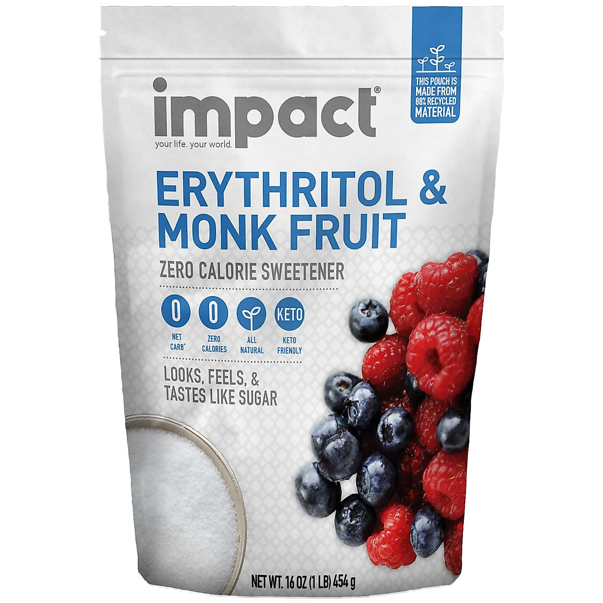 Impact White Monk Fruit & Erythritol Sweetener Blend - Gluten Free, Zero Calories, Net Carbs, Keto, Vegan, Non-GMO - 1 is to 1 Sugar Substitute - 1lb