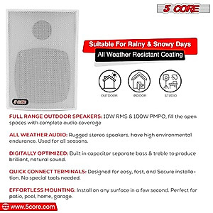 5 CORE Outdoor Speakers Stereo in Wall Speaker 100W Peak Passive Outside Surface Mount Wired Waterproof Patio House Garage Indoor Exterior Audio System Out Door Bocinas Para Casa - 13T WH 1PK