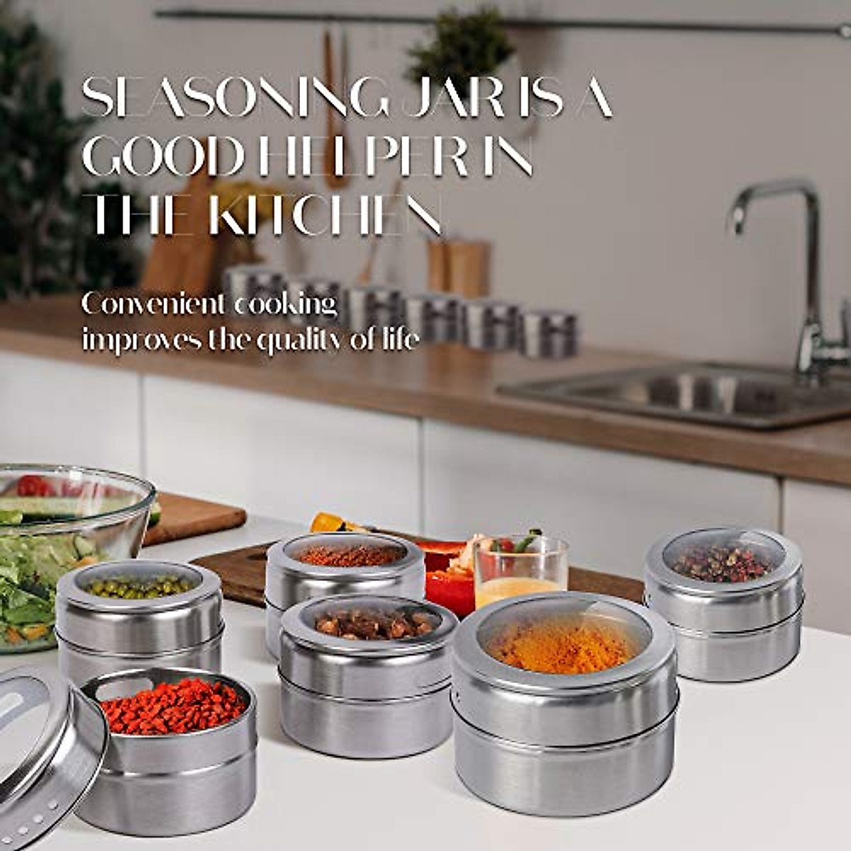 ILEBYGO Magnetic Spice Tins 12pcs Stainless Steel Spice Jars Storage Spice Containers,Clear Top Lid with Sift or Pour,120 Spice Stickers,Magnetic on Refrigerator and Grill