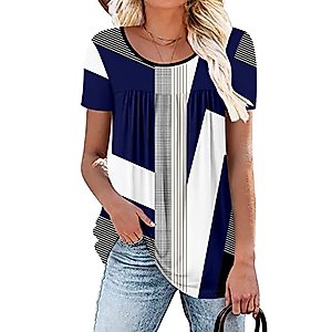 KISSMODA Tunic Tops Short Sleeve Shirts for Women Loose Fitting Casual Cute Shirt Summer Crewneck Lounge Plus Size Blouse Geometry 3XL