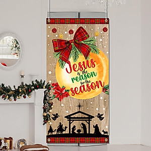 Jesus Is The Reason for The Season Banner, Baby Jesus Christmas Door Decorations,Willow Red Bowknot Holy Nativity Scene Backdrop for Xmas village background Winter Holiday Party Supplies