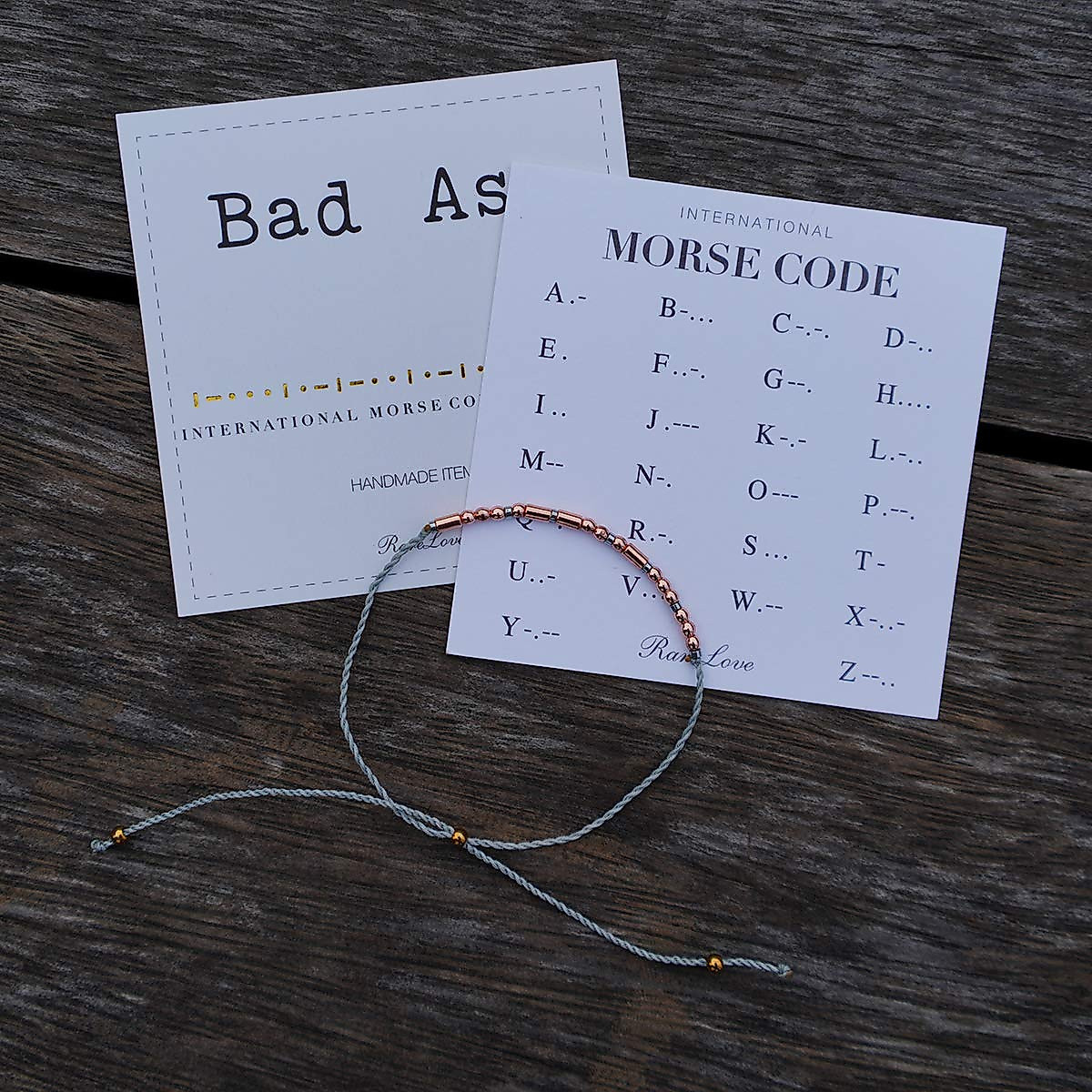 RareLove Bad Ass Morse Code Bracelets Inspirational Friendship Gift For Women Rose Golden Beads Grey String Bracelet