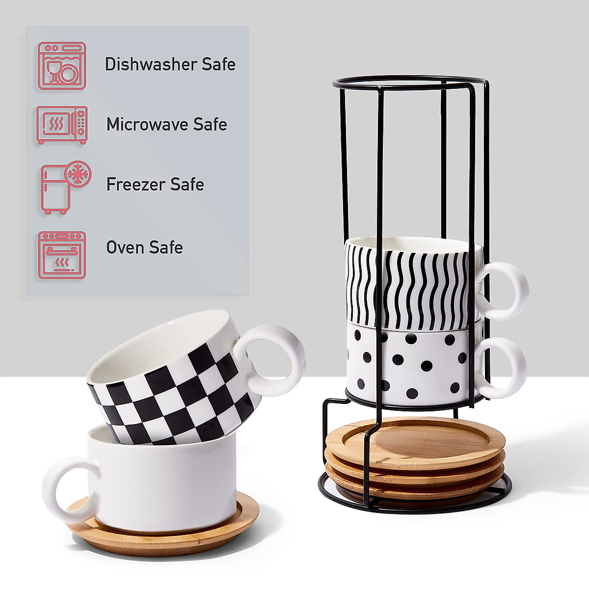 SUPERLY Stackable Espresso Cups Set of 4 - Espresso Mugs with Wooden Saucers, Metal Stand - Durable Porcelain Espresso Cup - Easy To Clean, Dishwasher-Safe - Modern Coffee, Latte, Tea Mug Set - 6 Oz