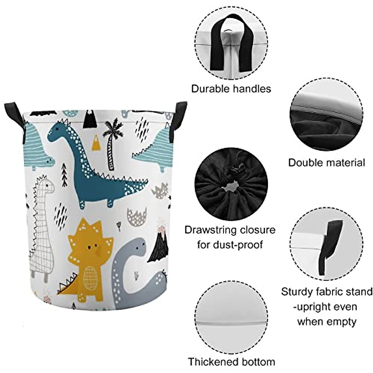 Babyish Dinosaurs Laundry Hamper Collapsible Laundry Basket with Drawstring Waterproof Scandinavian Style Toys Storage Basket with Handle, 14x17.3 Inches