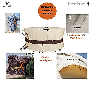 WJ-X3 Round Patio Furniture Cover, 62" D x 28" H, Waterproof, UV Resistant, Anti-Fading Outdoor Cover for Round Dining Table and Chairs Set, Beige & Coffee