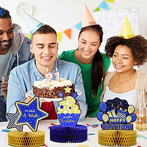 9 Pieces Blue Gold Birthday Table Decorations Happy Birthday Honeycomb Centerpieces Glitter Table Toppers, Blue and Gold Party Decorations for Kids Baby Shower, Men and Woman Birthday Supplies