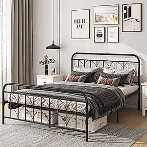 Saudism Queen Size Metal Bed Frame, 14.6" Queen Platform Bed Frame, Mattress Foundation with Victorian Style Iron-Art Headboard, Easy Assembly, Sturdy and Durable, No Box Spring Needed, Black