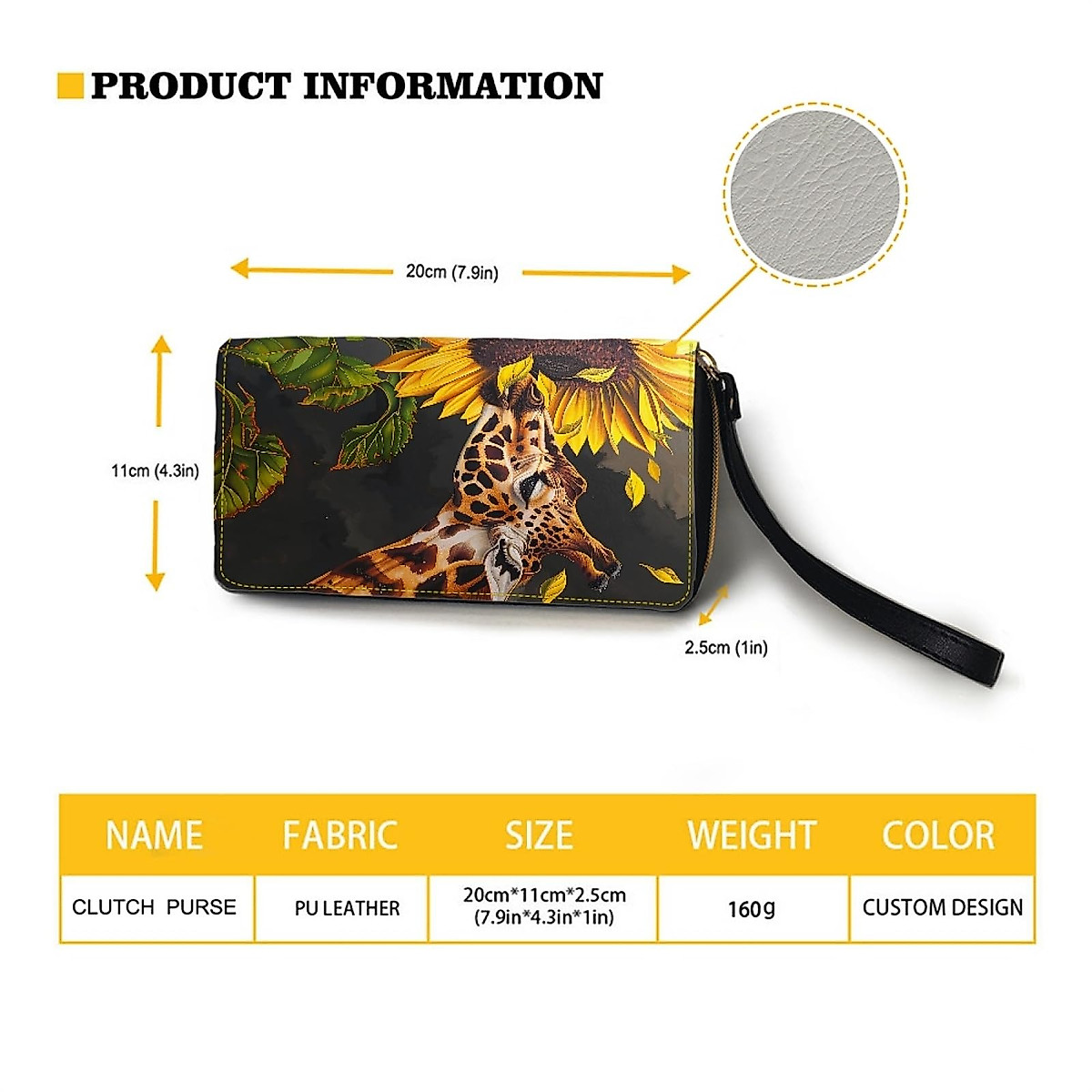 xixirimido Yellow Sunflower Giraffe Pattern Women's Wallet Handbags with Wristlet Pu Leather Bifold Cell Phone Coin Purse for Travel Work