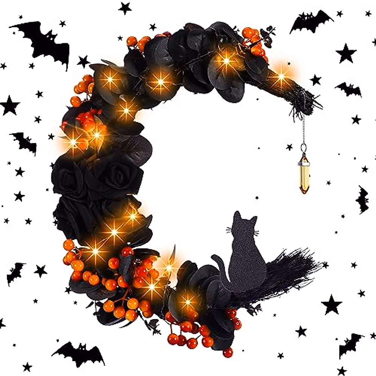Ceenna Halloween Wreaths Moon Cat Wreath with Rose Cat Door Wreath Cute Cat Garland Light up Moon Cat Wreath with Rose for Front Door Indoor Outdoor Window Farmhouse Porch Wall (Orange Berry)