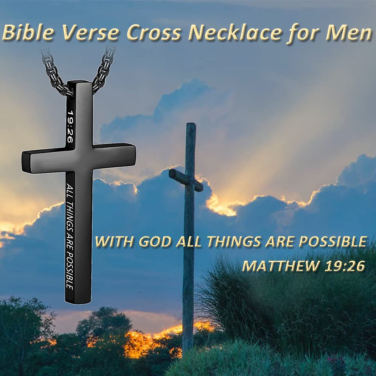 ZRAY Cross Necklace for Men Inspirational Bible Verse Cross Pendant Stainless Steel Cross Chain 22+2inch Christian Jewelry Meaningful Religious Gift for Men(B-19：26)