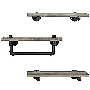 MyGift Wall Mounted Weathered Gray Solid Wood Floating Display Shelf and Industrial Pipe Hanging Bar Organizer Rack, Decorative Bathroom Shelving with Towel Bar, 3 Piece Set