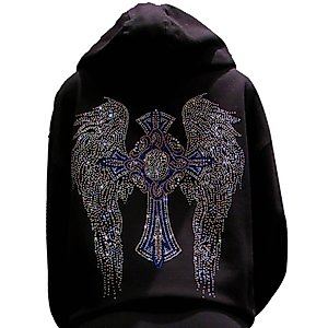 Multicolor Rhinestone Cross and Angel Wings Black Zipper Hoodie(XL)