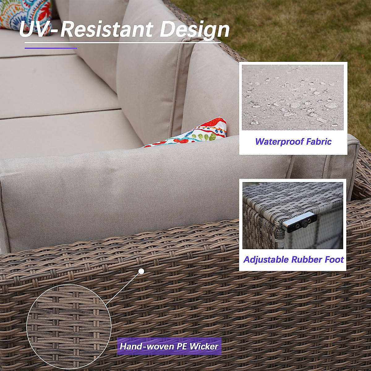 Naga Bahna Patio Furniture Set 7 Pieces Outdoor Sectional Conversation Set, Outdoor PE Wicker Rattan Sofa Set Patio Couches w Anti-Slip Beige Cushions, 2 Pillows for Patio(Brown)