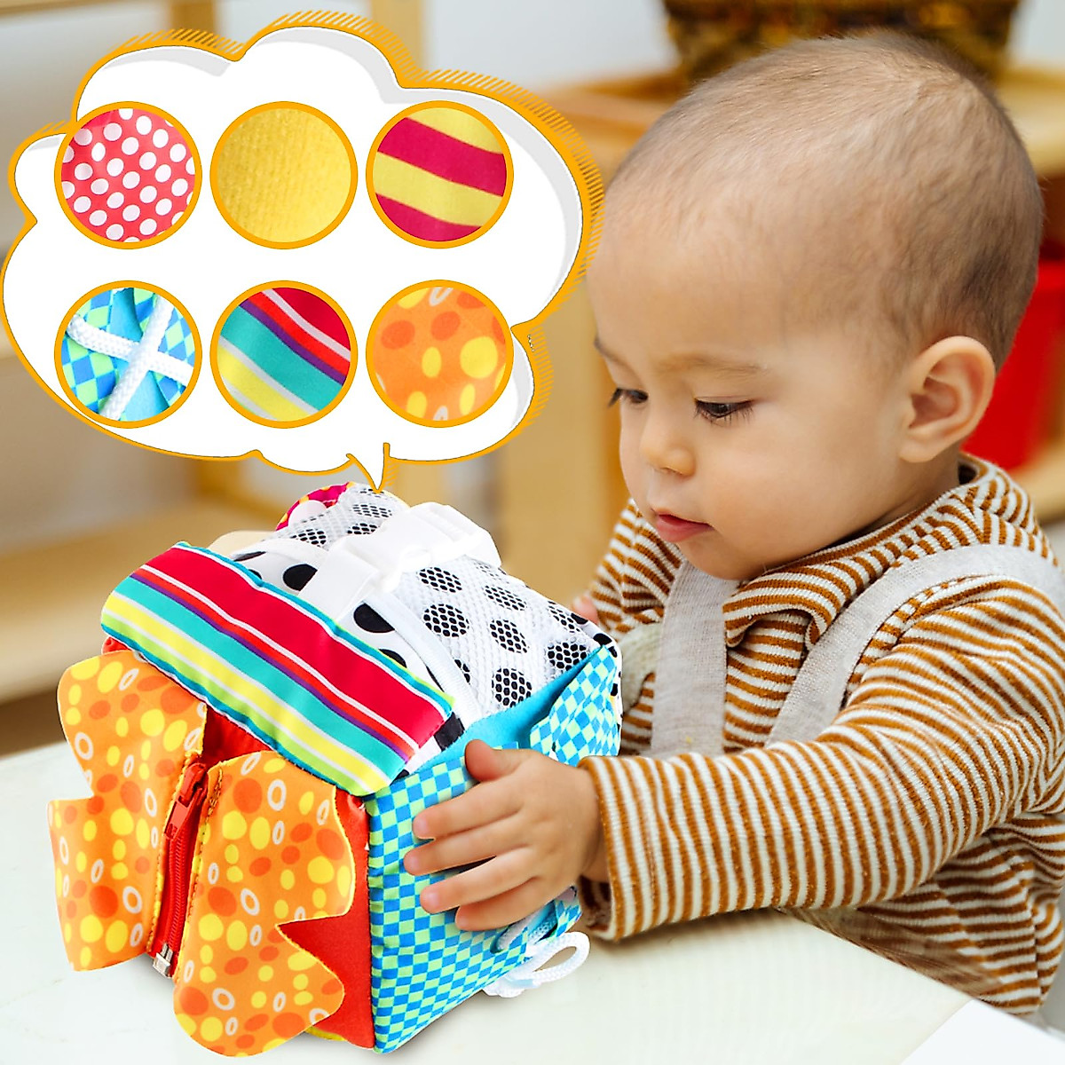 KAKIBLIN Cubic Activity Learning Toy with Zippers, Latches, Buckles, Laces, Snaps, Buttons and More - Perfect for Toddlers at Home, on Airplanes, Cars or Travel