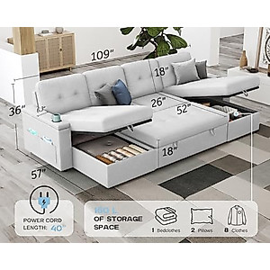 PaPaJet Pull Out Sofa Bed, 2 in 1 Sleeper Couch with USB Charging Stocket & Beverage Holders, Sectional Sofa Bed with Dual Chaise- Light Gray Chenille