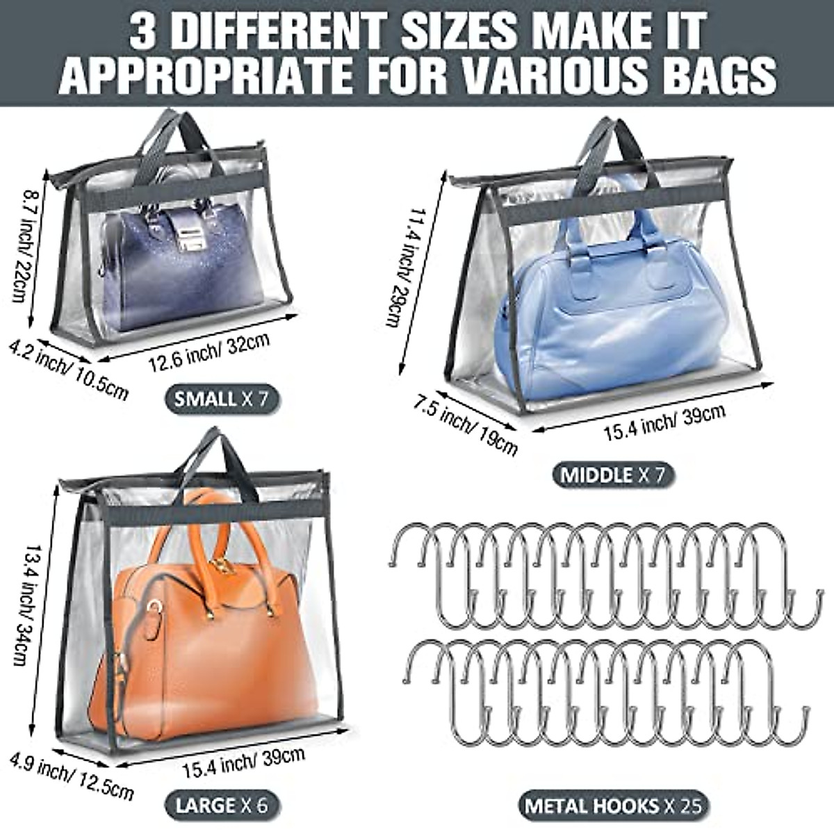 Chumia 20 Pack Dust Bags for Handbags Clear Handbag Storage 3 Sizes Handbag Organizers for Closets Hand Bag Dust Cover Purse Protector Bag with Zipper and Handles with 25 Pcs S Shape Hooks