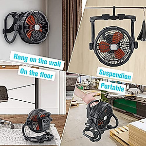 RUNTOP Rechargeable Fan Outdoor Floor Fan, Portable High Velocity Fan with Led Light, USB Type C Port, 3 Speeds, Cordless Industrial Fan with Metal Blade for Garage/Patios/Gym/Camping