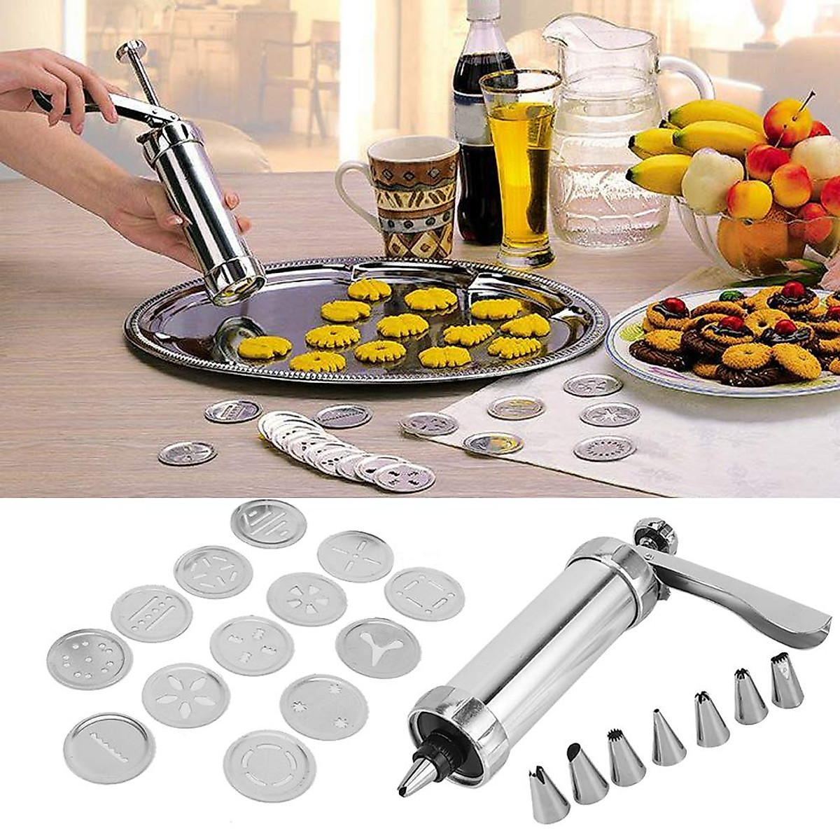 9.8x5.9in Cookie Press Maker Aluminium Alloy Cookies Biscuits Press Maker Mold Kit with 7 Piping Nozzle,13Cookies Mold,Cream Laminator Pastry Piping DIY Laminating Gun for Making Cake Decorating