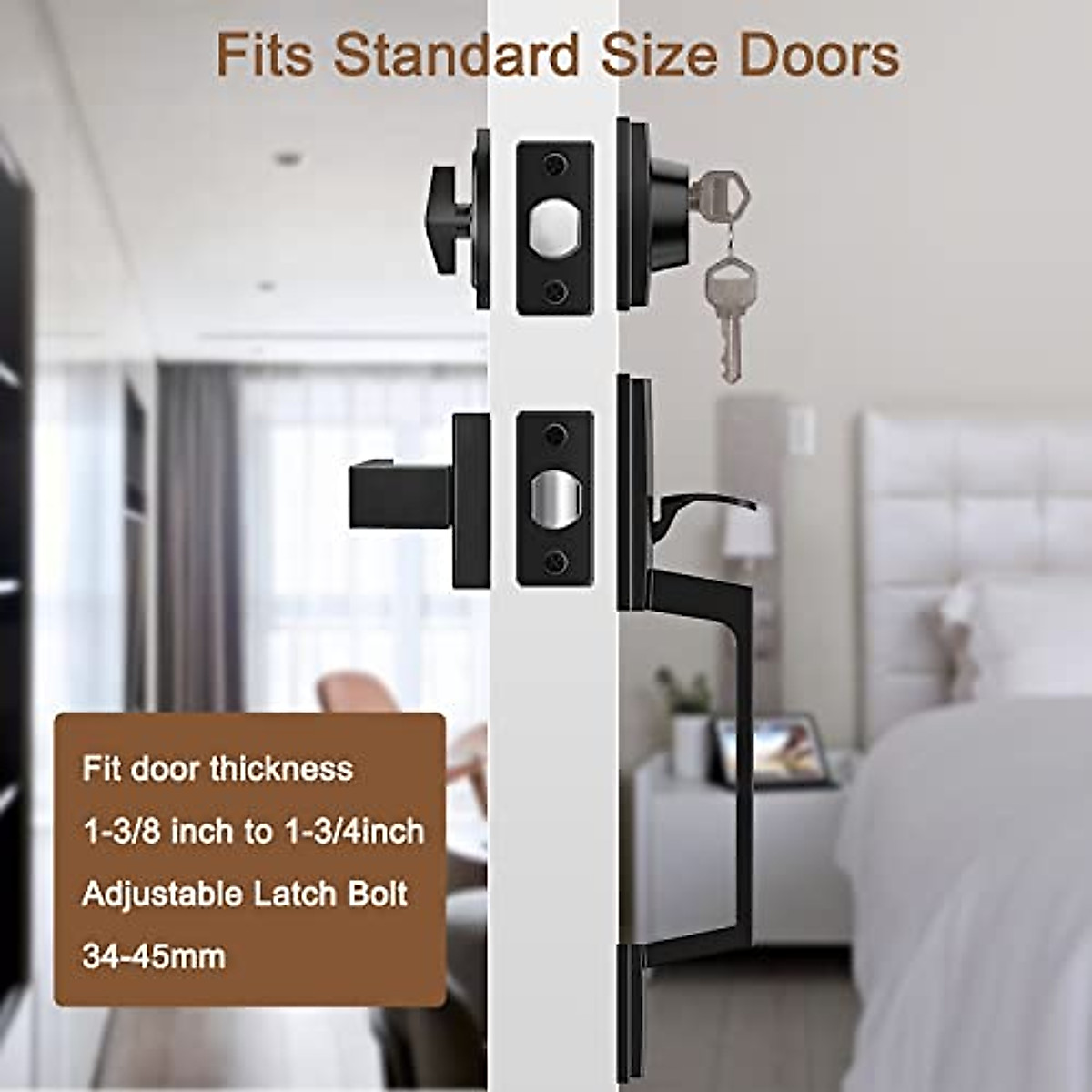 Tionzion Front Door Handle, Single Cylinder Handleset with Deadbolt and Lever Door Handles for Exterior Door, Reversible for Right and Left-Handed, Entry Door Lock Set Matte Black Finish