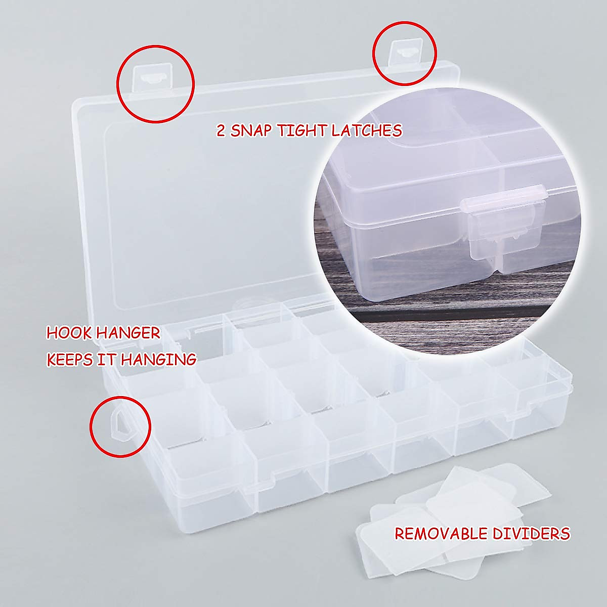 LE PAON 36 Grids Clear Plastic Organizer Box Storage Container Jewelry Box with Adjustable Dividers for Beads Art DIY Crafts Jewelry Fishing Tackles with 12 Floss bobbins