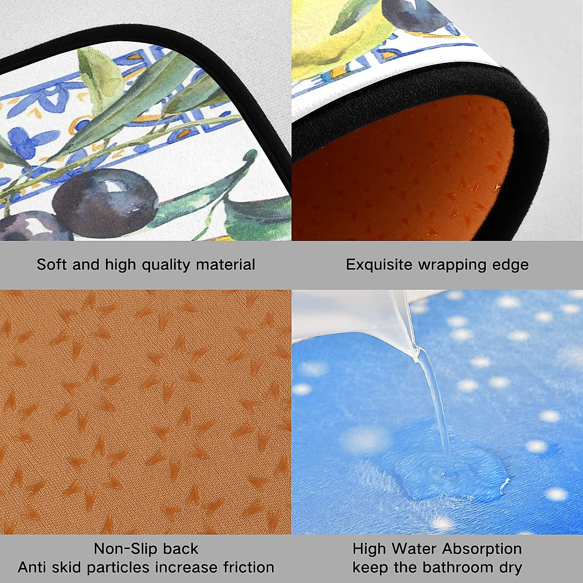 Washable Kitchen Rugs Set 2 Piece Watercolor Lemon Olive Branches Anti Fatigue Floor Mats Bathroom Carpet, 27"x19" and 47"x19"