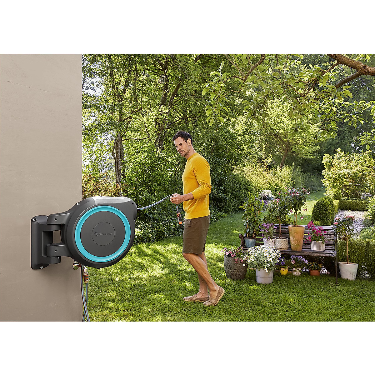 Gardena 18620 82 Foot Wall Mounted Retractable Hose Reel, ft, Standard