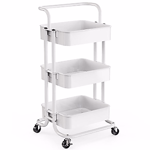 3 Tier Mesh Utility Cart, Rolling Metal Organization Cart with Handle and Lockable Wheels, Multifunctional Storage Shelves for Kitchen Living Room Office by Pipishell White