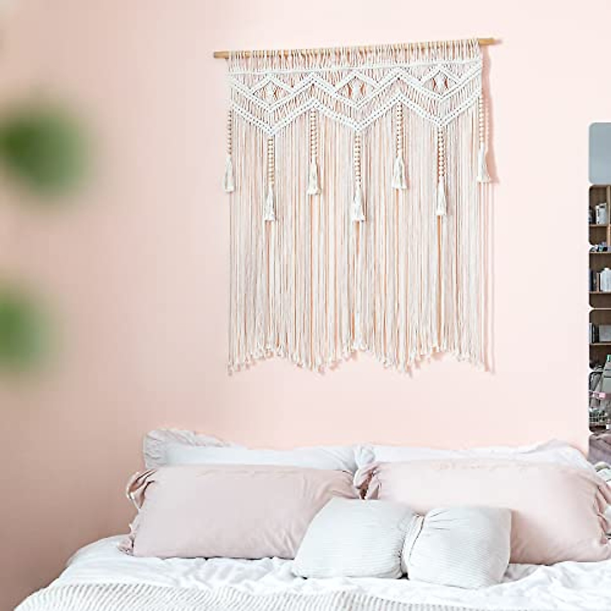 Mkono Macrame Wall Hanging Large Boho Decor Woven Wall Tapestry Chic Art Tassel Christmas Decoration for Backdrop over Bed Bedroom Nursery Dorm Classroom, Including Hanging Rod, 36''W x 42''H