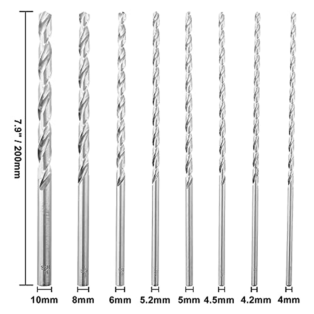 Murtenze 8Pcs 200mm Extra Long Twist Drill Bit Set, High-Speed Steel Straight Shank Twist Drill Bit for Wood Plastic and Aluminum(4/4.2/4.5/5/ 5.2/6/ 8/ 10mm)