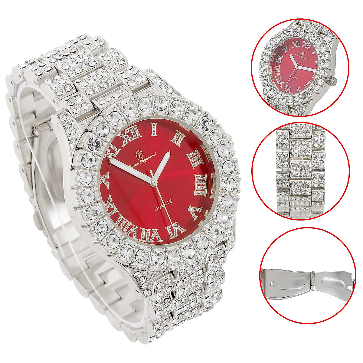 Charles Raymond Mens Silver Big Rocks with Roman Numerals Fully Iced Out Colorful Dial Watch - ST10327 RN Single (Blood Red/Silver)