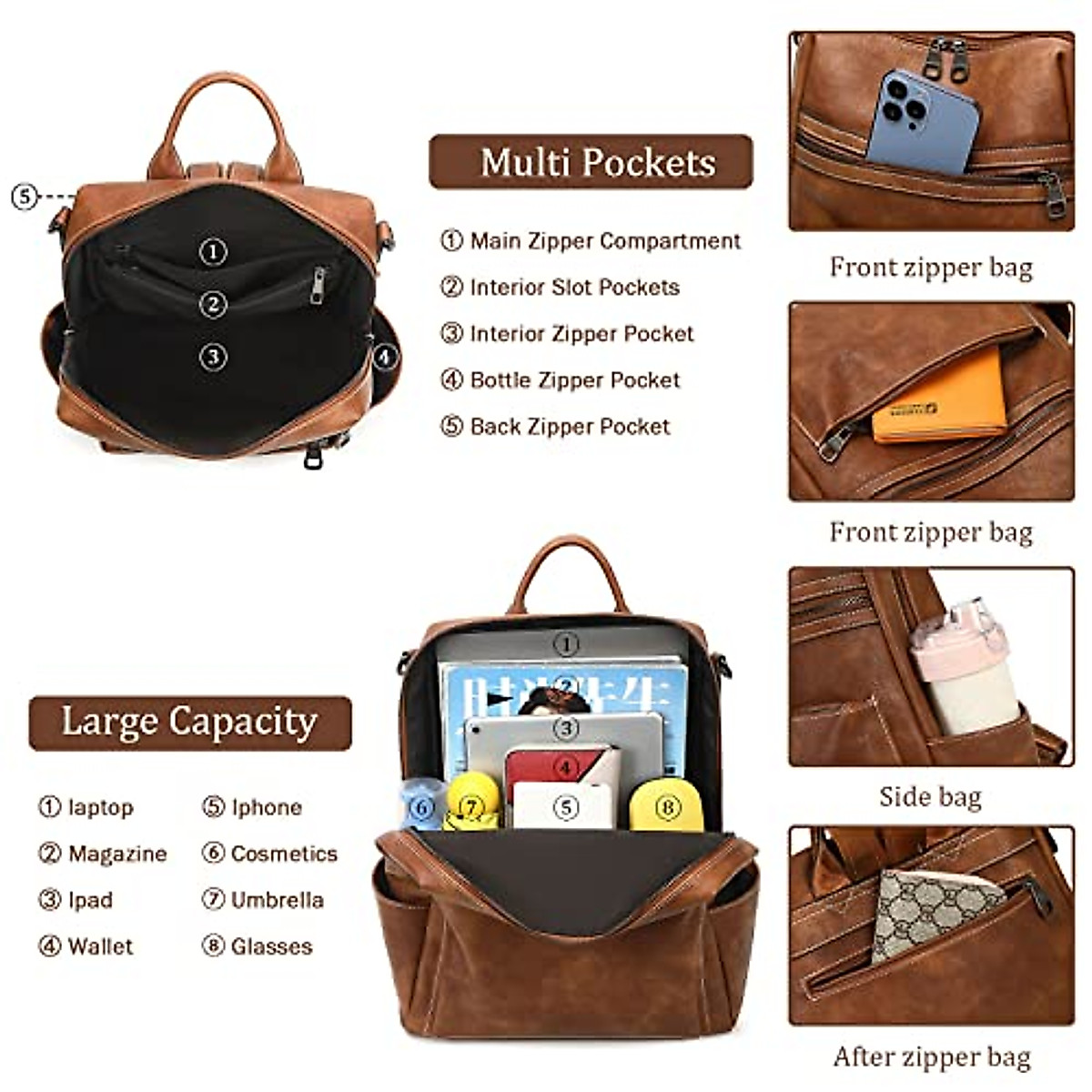 AGLOD Leather Backpack Purse for Women Designer Ladies Shoulder Bag Fashion Faux Work Travel Handbags