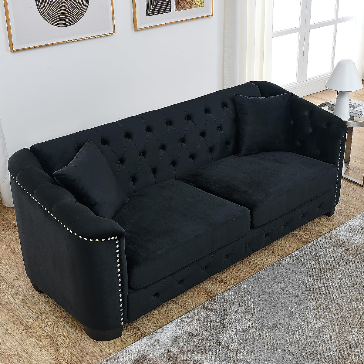 POCIYIHOME 77" Velvet Chesterfield, Deep Button Tufted 3 Seater Sofa Couch with Upholstered Backrests and Nailhead Trim Arms for Living Room, Recliner Loveseat Folding Daybed, 2 Pillows (Black)