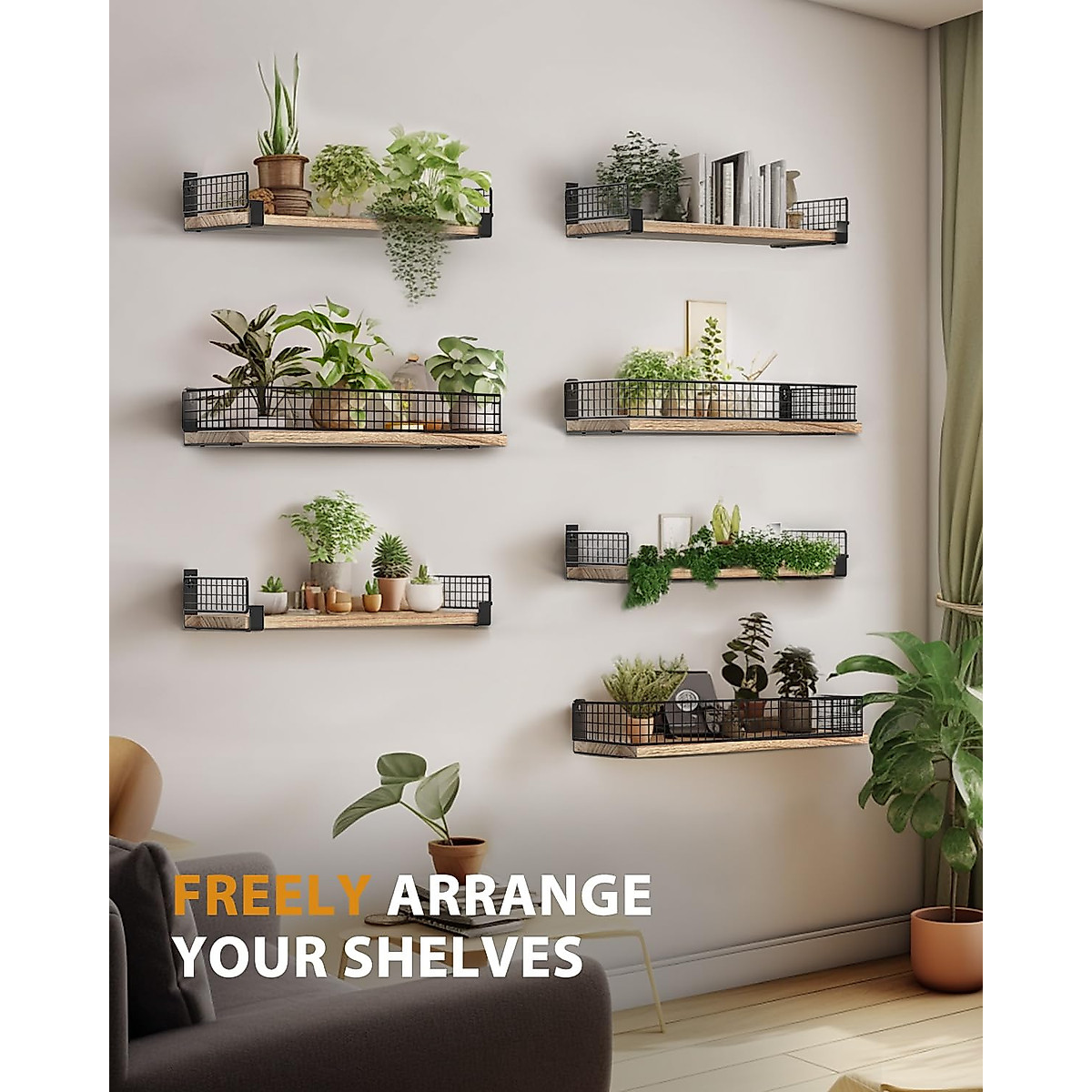 Tatub Floating Shelves with Metal Mesh Edge, Durable Bathroom Shelves for Wall Storage, Wood Wall Mounted Shelves for Living Room, Bedroom, Kitchen and Home Office, Set of 2 (Carbonized Black)