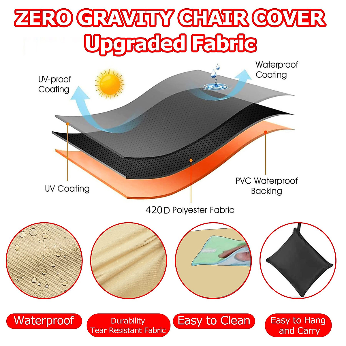 Aofeite Outdoor Folding Zero Gravity Chair Covers, Upgraded Oversized Durable Recliner Cover,420D Oxford Waterproof UV Resistant Lawn Beach Chair Patio Furniture Covers (43Inch Beige)