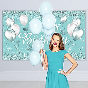 Teal Birthday Party Supplies Turquoise and Silver Birthday Backdrop Banners Turquoise Giltter Birthday Background for Women Girls Photography Birthday Photo Booth Teal Wall Decorations 5.9 x 3.6 Feet