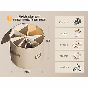 Vailando Shoe Organizer for Closet - Cylindrical Shoe Storage Organizer with Adjustable Dividers for Closet, Foldable, Beige, 1-Pack