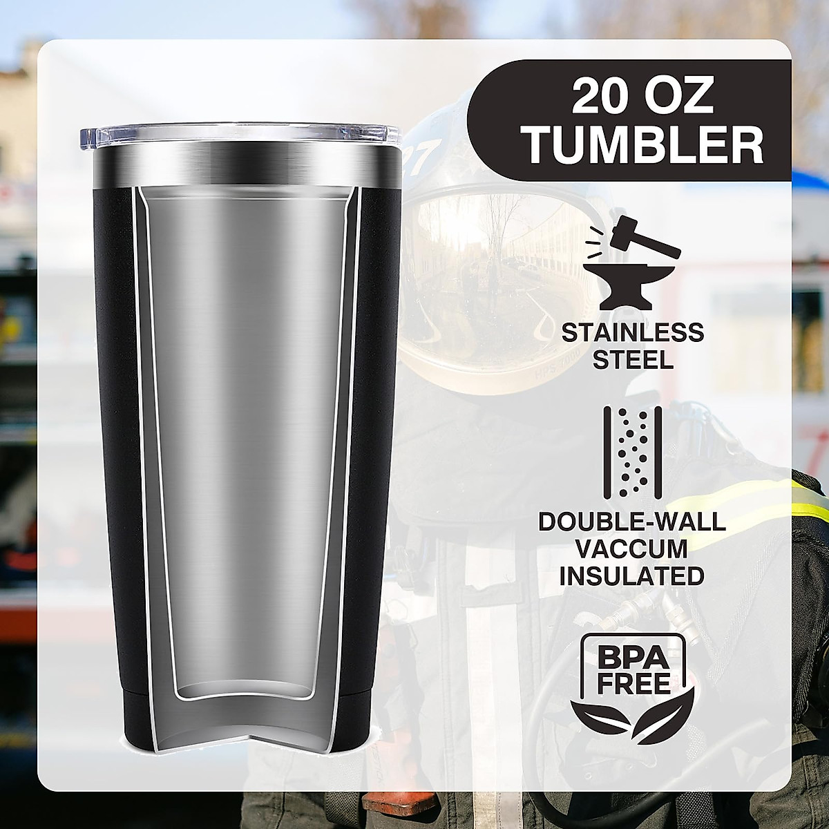 KIKERRO Thin Red Line Firefighter Gifts for Men, Fireman, Fire Fighter Department Team Essentials Coffee Mug Cup - 20oz Insulated Stainless Steel Tumbler, Black