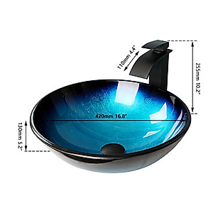 MEKKHALA Blue Bathroom Sinks Balck Glass Vessel Sinks for Bathroom Countertop Round Vanity Sink Bowl Combos Black Mixer Faucet and Drain Set Glass Basin Bowl for Bathrooms Large