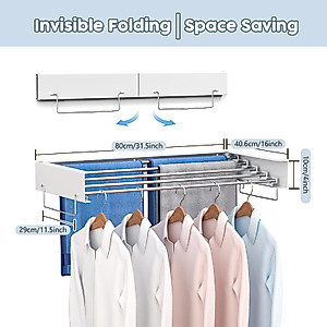 RemixOri Wall Mounted Drying Rack,Collapsible Laundry Drying Rack with Wall Template and 2 Foldable Hanger Supports for Drying Clothes and Towel Indoor Outdoor, 31.5" Wide, White