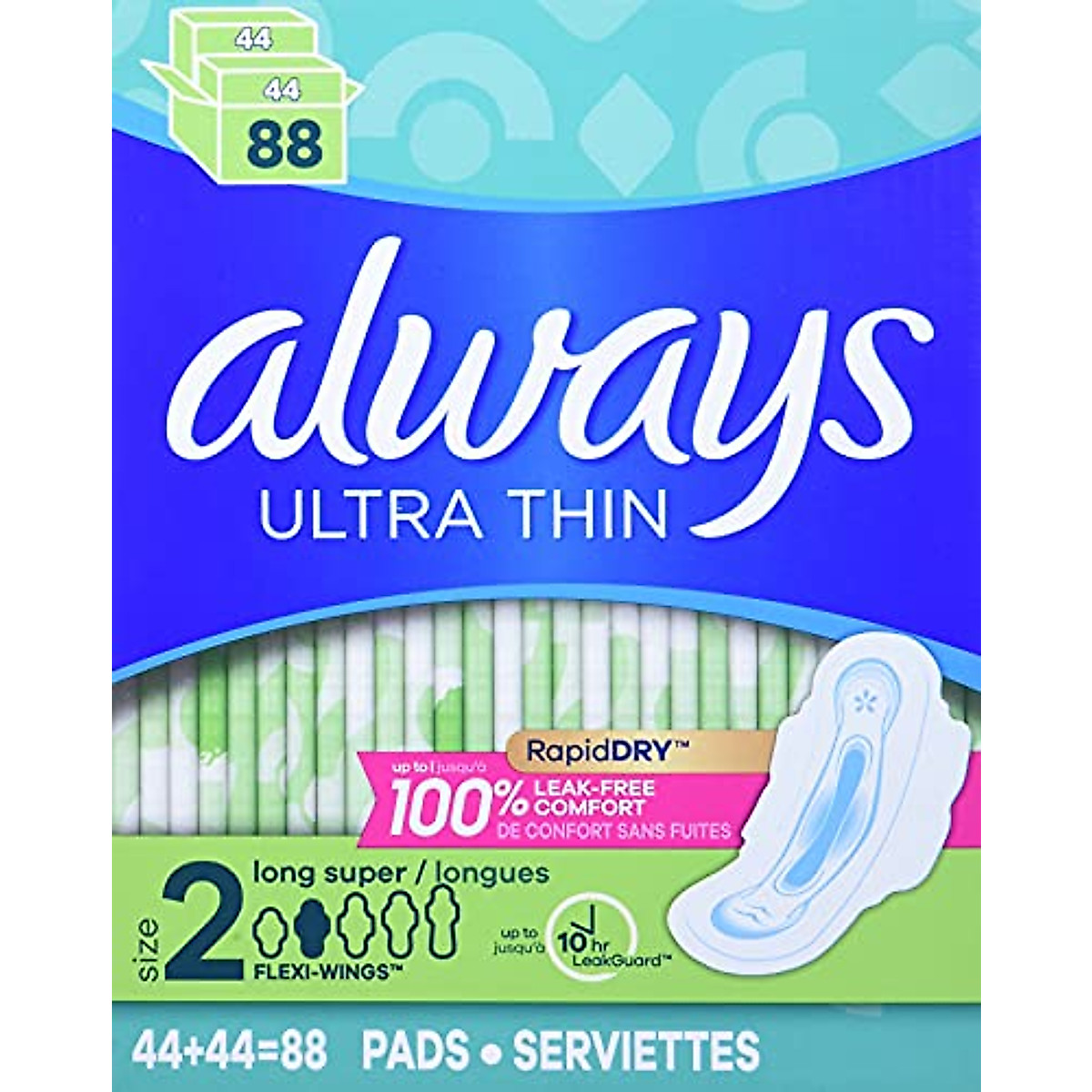 Always Ultra Thin Feminine Pads with Wings, Long/Super, Unscented, 88 Count