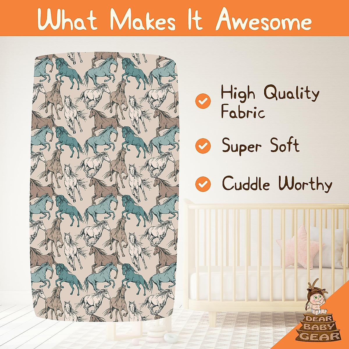 Dear Baby Gear Deluxe Crib Sheet Cotton Polyester Crib Sheets, Soft Machine-Washable Crib Mattress Sheet, Baby Bed Sheets - Tan Teal and Cream Horses on Natural Print, 52"x28"x10"