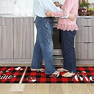 Xsinufn Valentines Day Kitchen Mat Set 2 Piece,Valentines Day Buffalo Plaid Decorative Kitchen Rugs,Valentines Hearts Low-Profile Kitchen Mats for Home Kitchen (17"x48"+17"x30" Be Mine)